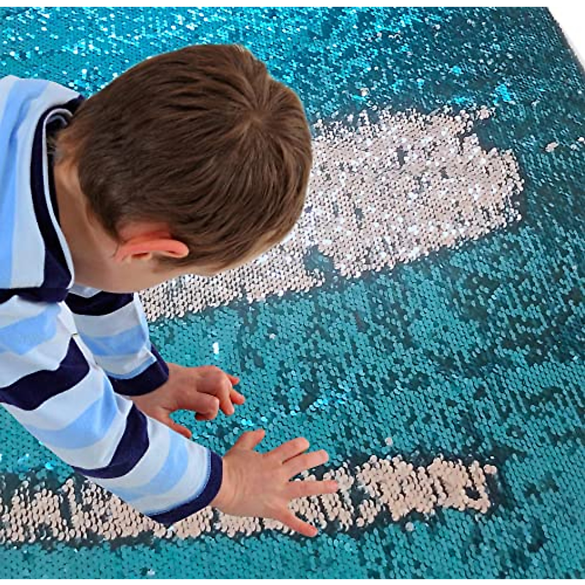 Sensory Wall Sequin Flip Fabric for Kids,2Yard Large Sequins Sensory Graffiti Fabric for Toddlers,Tactile Stimulation,Reversible Glitter Fabric (2 yd, Lake Blue + Silver)