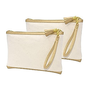 DEMOMENT Canvas Tassel Zipper Organizer Pouch With Removable Wrist Strap for Makeup and Cosmetic. Large purse and Coin Case and Pencil Case. Good For Travelling Working Study (2 pieces-Golden)