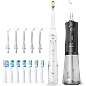 Bitvae Toothbrush and Water Flosser Combo, Teeth Cleaner Set, 5 Optional Modes and 8 Brush Heads Whitening Toothbrushes, 3 Modes and 6 Jet Tips Oral Irrigator, 4 Hours Charge for 30 Days Use