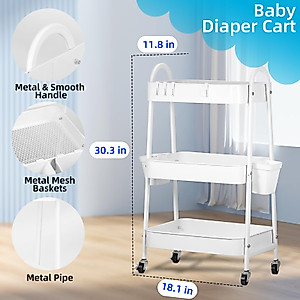 3-Tier Utility Rolling Cart Utility Cart with Wheels Baby Diaper Caddy Cart Metal Nursery Storage Organizer Organizer for Baby Diapers Essentials Storage Cart for Living Room Kitchen Office Bathroom