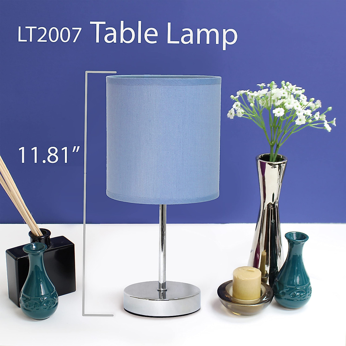 Simple Designs LT2007-PRP Chrome Mini Basic Table Lamp with Fabric Shade, Periwinkle Purple