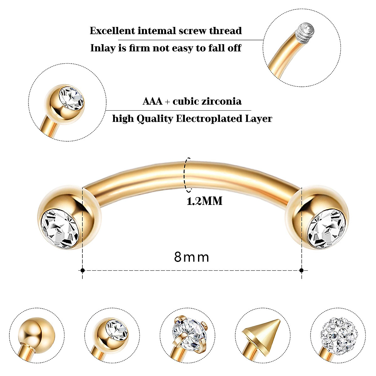 Drperfect 10Pcs 16G Rook Daith Earrings for Women Stainless Steel Belly Lip Ring Cartilage Tragus CZ Body Piercing Curved Barbell Eyebrow Rings 6-8mm