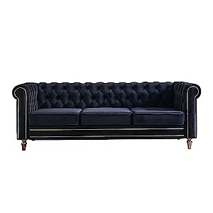 Goohome 84.65" Chesterfield Sofa, 3-Seater Velvet Deep Button Tufted Sofá Upholstered Love Seat Couches with Rolled Arm, Gold Strip Trim, for Bedroom Office Apartment Living Room Furniture, C-Black