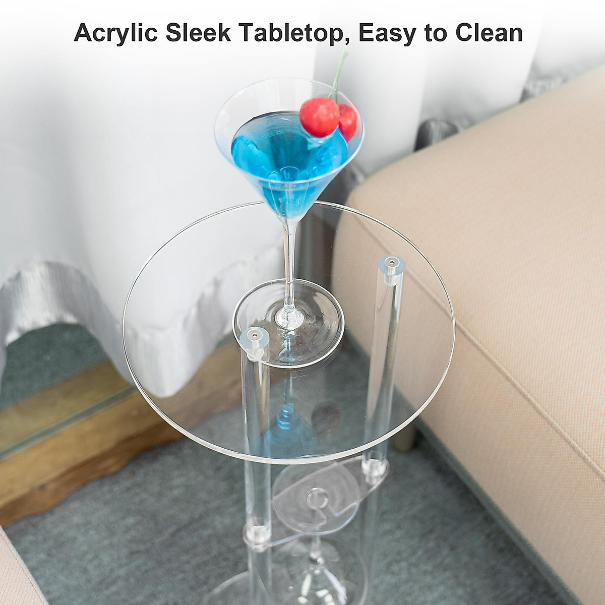 Aquiver Clear Small Acrylic Drink Table - Minimalist Martini Table with Goblet Holder - Small Round Side Table for Living Room, Bedroom, Balcony - 9'' L x 9'' W x 23'' H