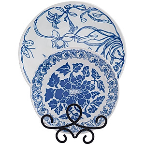 MyGift Vintage Scrollwork Black Metal Wire Decorative Wall Plate Holder, 2 Tier Wall Mounted Double Display Shelf Rack for Plates Up To 10 Inches