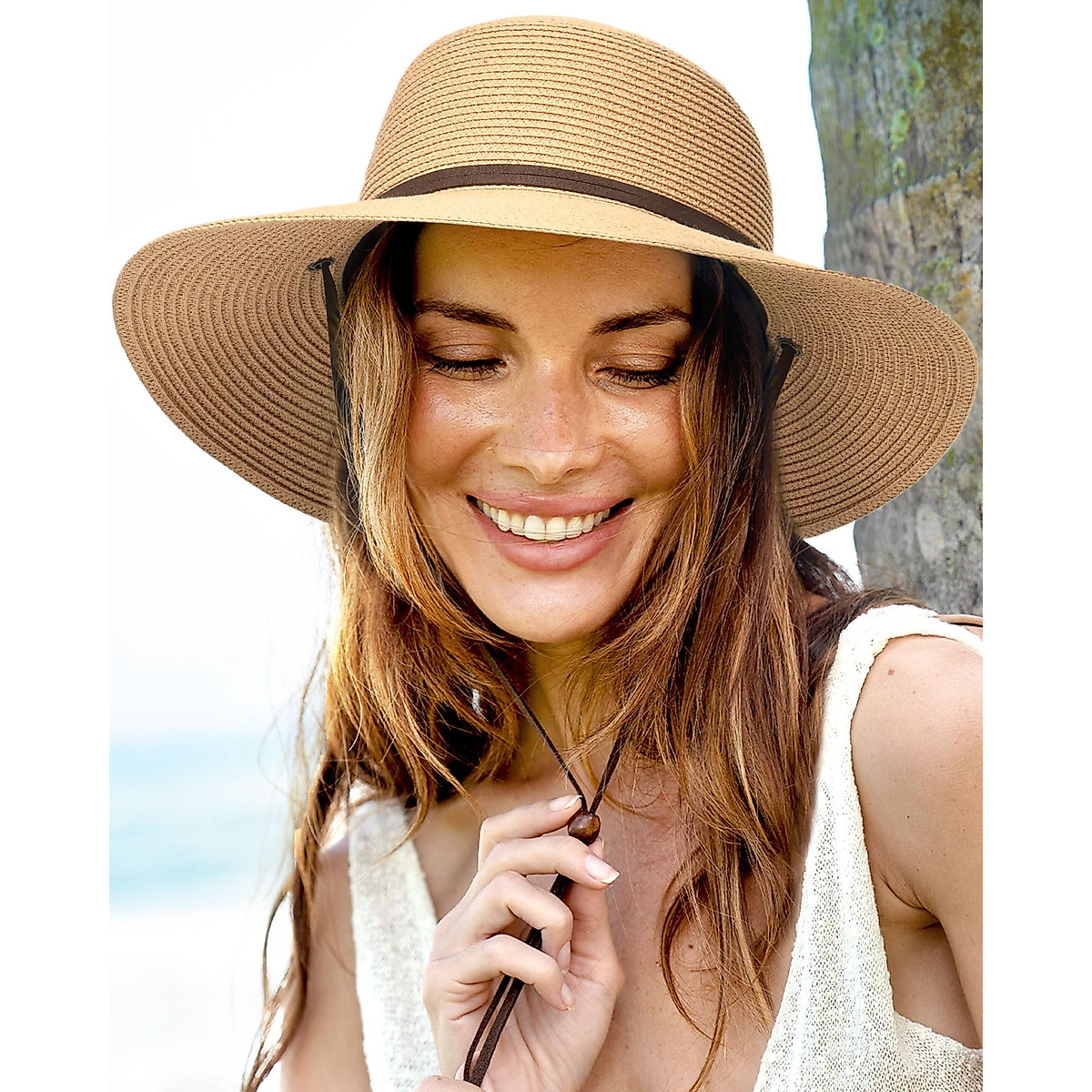 FURTALK Womens Wide Brim Sun Hat with Wind Lanyard UPF Summer Straw Sun Hats for Women A-Khaki