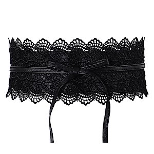 Lovful Womens Lace Waist Belt Wrap Self Tie Obi Style Belt Faux Leather Cinch Boho Dress Belts,Black