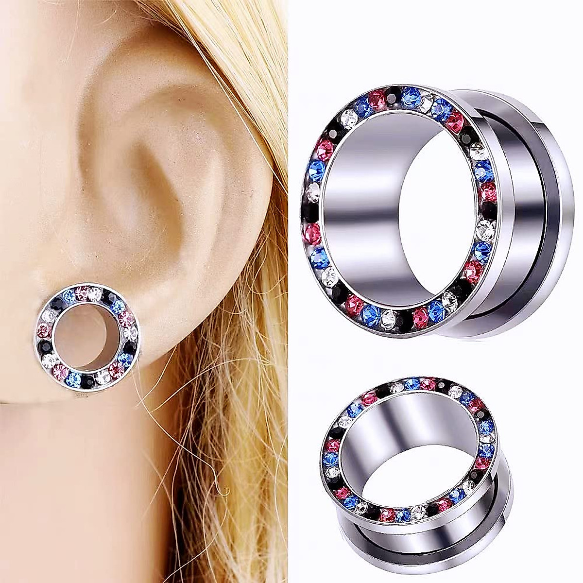 Rainbow CZ Stainless Steel Ear Tunnels and Plugs Personalized Crystal Screw Fit Double Flared Ear Gauges Expander Stretching Tunnels Earlobe Plugs Body Piercing Jewelry for Men Women Boys Teen Girls (00g(10mm))