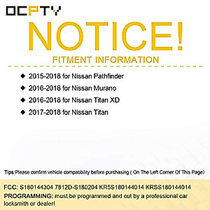 OCPTY 1 PCS Keyless Entry Remote Control Key Fob Transmitter Replacement for 15 16 17 18 for Nissan Pathfinder Murano Titan XD Titan S180144304 7812D-S180204 KR5S180144014 3 Buttons