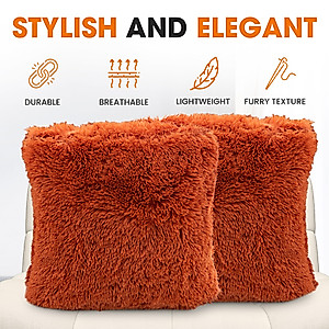 Cheer Collection Throw Pillows for Couch with Inserts Included - Soft Shaggy Long Hair Faux Fur Pillows - Set of 2-20" x 20" - Rust Orange
