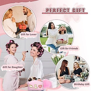 TOPEAST Preppy Makeup Bag Initial Chenille Letter Bag Cosmetic Bag Portable Travel Toiletry Bag, Personalized Birthday Gift for Women Girls, Preppy Travel Stuff for Girls, Pink K