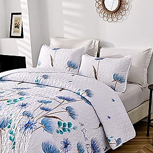 Dinjoy 3 Pieces Blue Floral Queen Quilt Set Purple Floral Coverlet Sets Lightweight Flower Boho Bedspread Quilt Microfiber Summer Quilt with 2 Pillowcases for Adult Women (Queen,90×90 Inches)