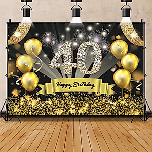 Happy 40th Birthday Backdrop Banner ,40 Years Old Birthday Decorations Party Supplies Black and Gold Party Decorations for Women Men Cake Table Decor Banner Photo Booth Props 71×45inch- Black Gold