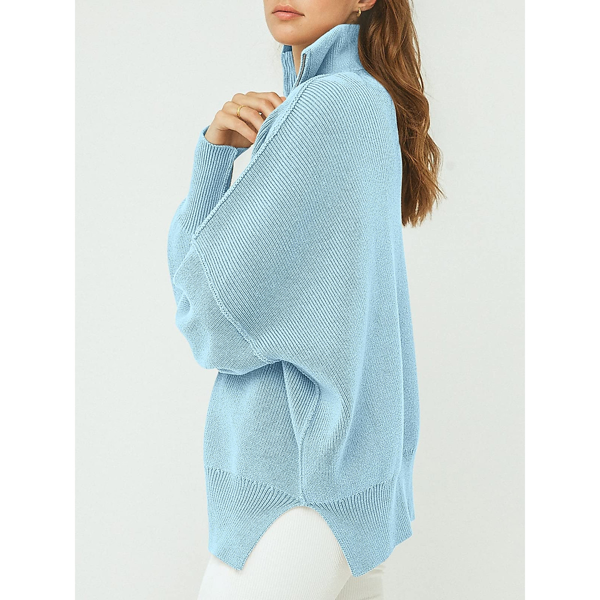 ANRABESS Women's Oversized Fashion Long Sleeve Quarter Zip Baggy Loose Slouchy Sweater Pullover Tops 2024 Fall Outfits Light Blue Medium