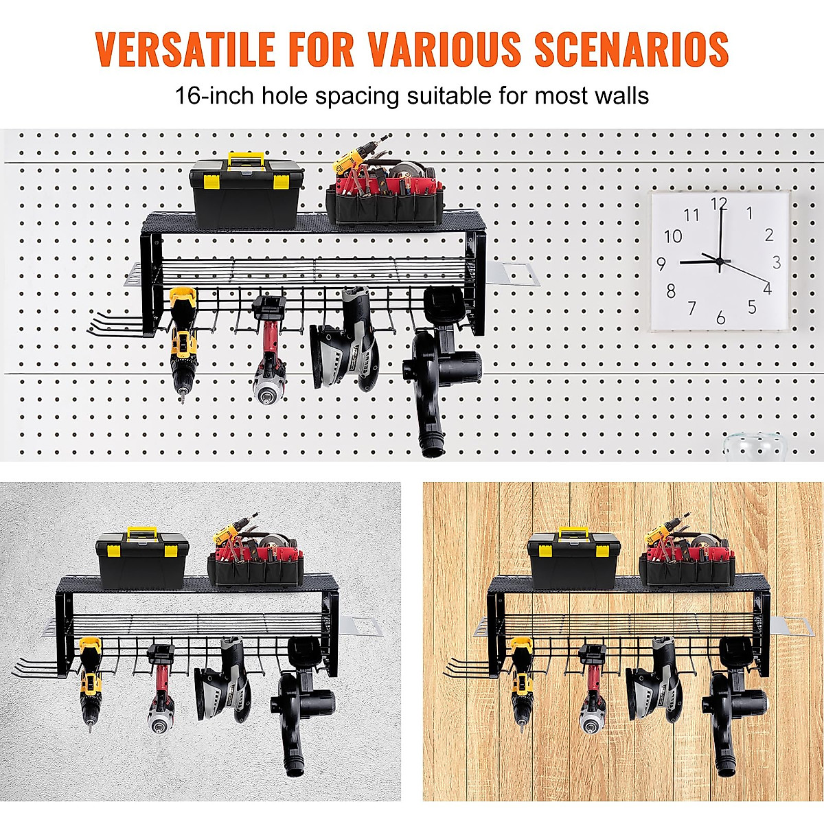VEVOR Power Tool Organizer, 7 Slot, 3 Layers, Cordless Drill Holder Wall Mount, Battery Charging Station Storage Rack, Multi-Function Garage Organization, Heavy Duty Metal Shelf for Screwdriver Pliers