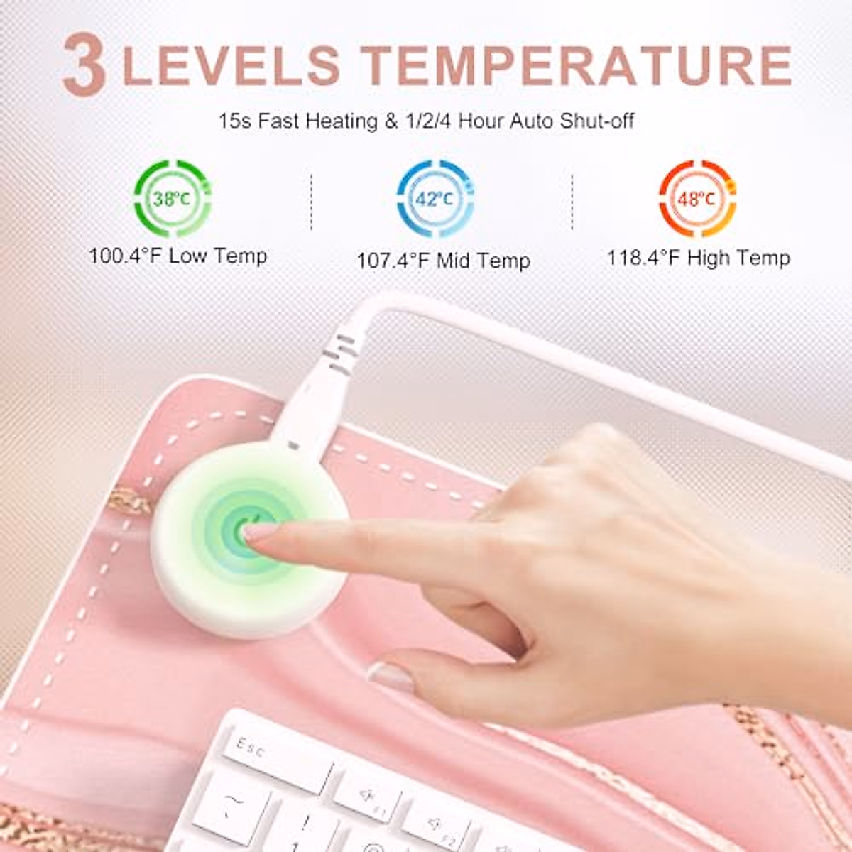 HAOCOO Heated Desk Pad Large, Warm Mouse Pad Gaming, Computer Desk Mat for Desktop, 3 Levels Heating, Auot Shut Off, PU Leather Laptop Keyboard Mat for Home Office,Rose Gold Pink