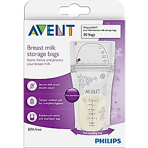 Philips AVENT Breast Milk Storage Bags, Clear, 6 Ounce, 50 Pack, SCF603/50
