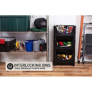 Mighty Tuff Jumbo Stackable Storage Bins, Pack of 3, Easy-Access Storage, Large Easy-To-Grip Handles, Wide Front Opening, Interlocking, Stack Vertically, Black