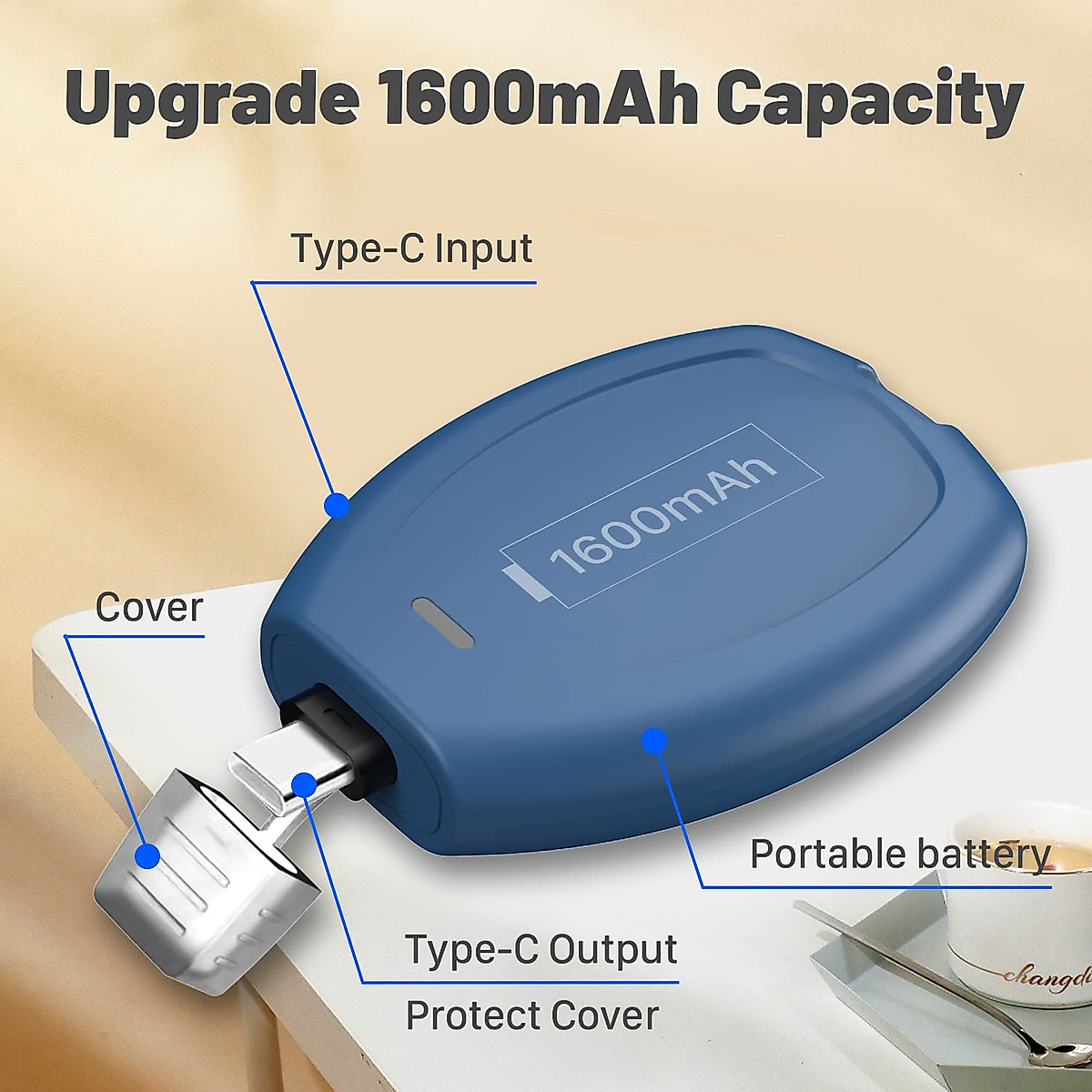 HUAENG USB C Keychain Portable Charger, 1600mAh Mini Type-C Power Emergency Pod Ultra-Compact External Battery Pack Power Bank for Samsung Andriod Key Ring Cell Phone Charger-Blue