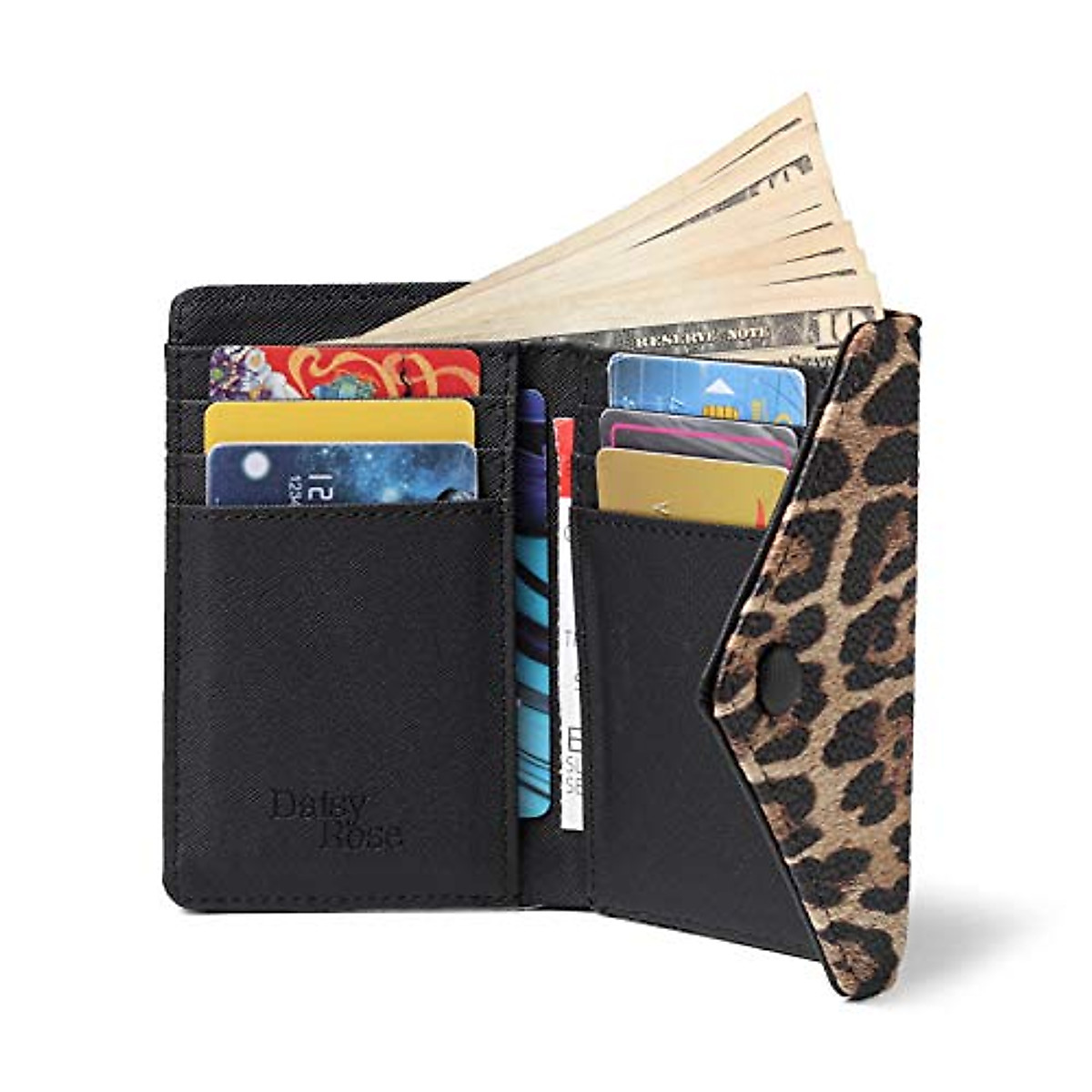 Daisy Rose Trifold Wallet for Women – Multi-Card Organizer with RFID-Blocking Clutch for Women, PU Vegan Leather – Leopard