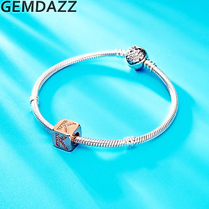 Letter K Charm, Rose Gold Dice Beads with CZ, fit Pandora Bracelet, 925 Sterling Silver Initial A to Z Alphabet K Cube Charms, Gifts for BFF/Christmas/Mothers Day