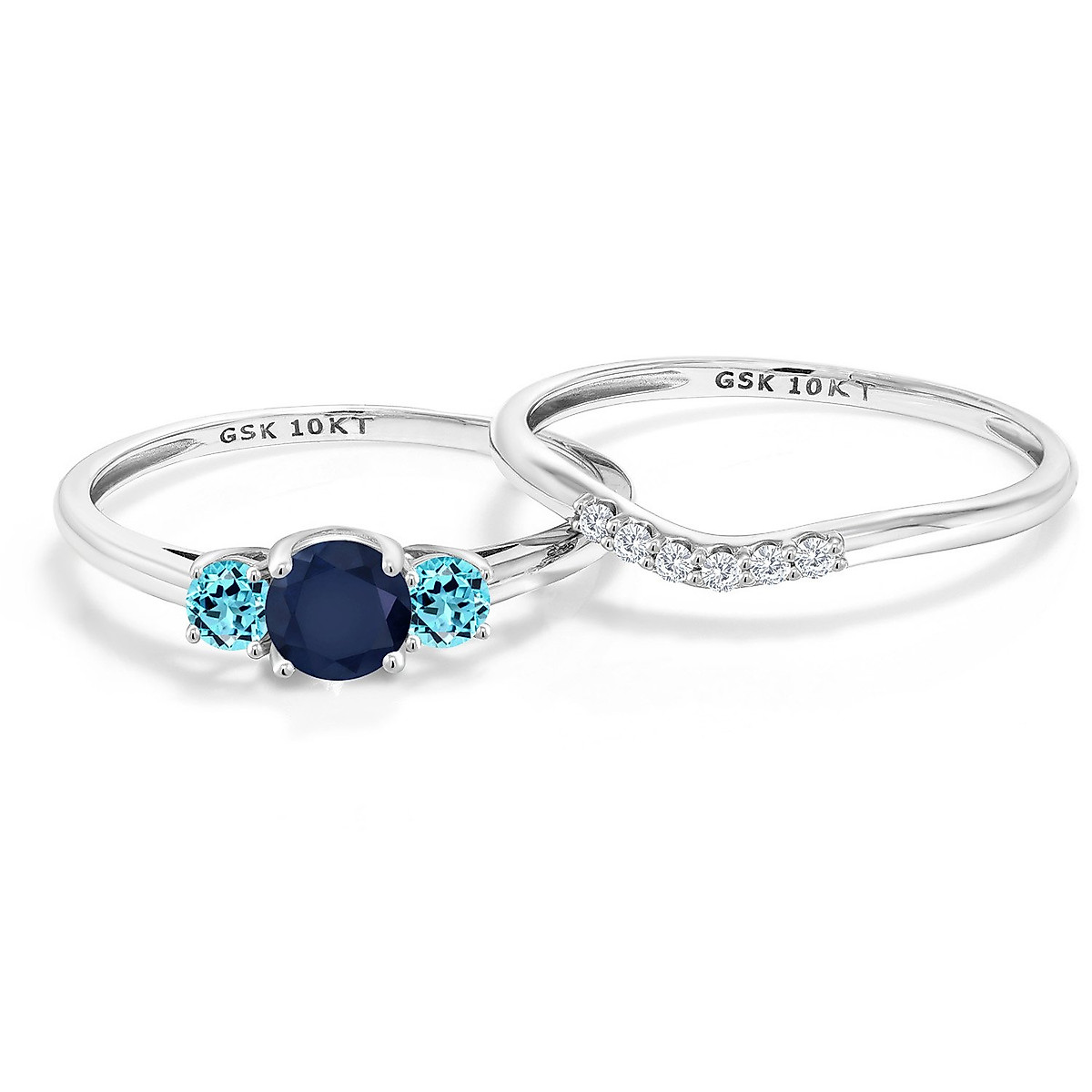 10K White Gold Blue Sapphire and Swiss Blue Topaz and White Lab Grown Diamond 3-Stone Bridal Engagement Wedding Ring Set For Women (0.97 Cttw, Gemstone September Birthstone, Round 5MM, Size 5)
