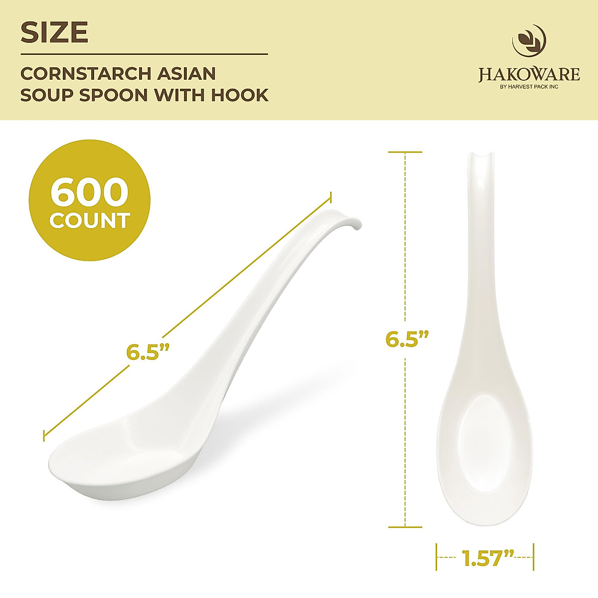 [600 COUNT] HAKOWARE by HARVEST PACK Disposable Asian Soup Spoons with Hook, made from Plastic, for Take-out Ramen Pho Noodles