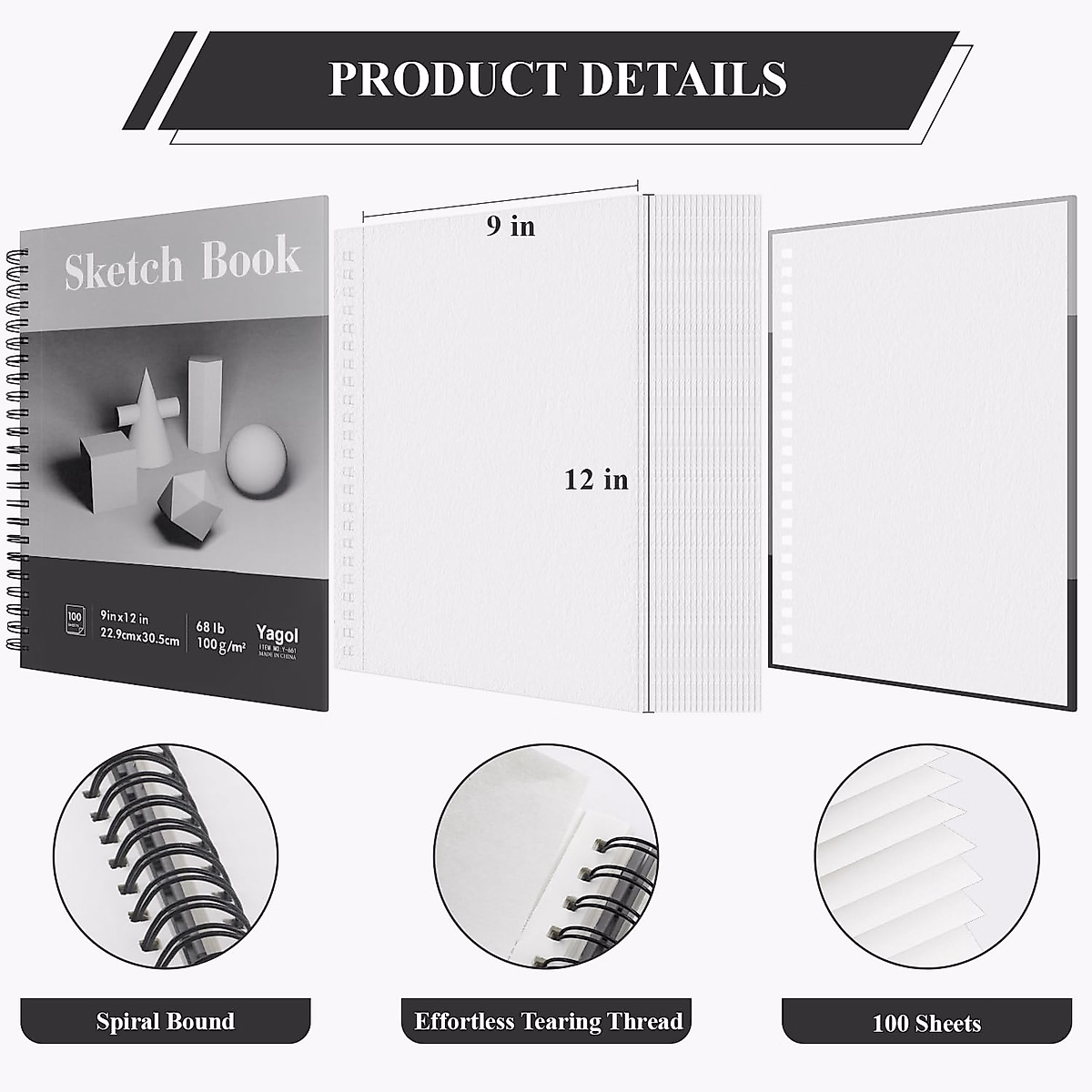 Yagol Sketchbook 9x12 Inch 100 Sheets 68LB/100GSM, Sketch Pad with Spiral-Bound Art Paper for Drawing and Painting for Pencils, Charcoal, Dry Media
