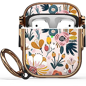 Maxjoy for Airpods Case Cover with Lock, Flower Airpod Case Lock Hard Protective Cute iPod Case for Women Men with Keychain Clip for AirPod 2nd 1st Generation Charging Case 2&1, Floral