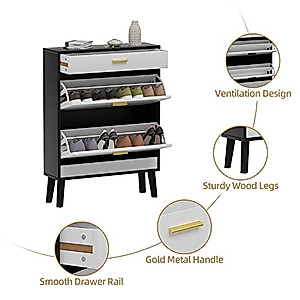 Visionwards Shoe Cabinet, Free Standing Shoe Storage Cabinet, Tipping Bucket Shoe Cabinets with 2 Flip Drawers, Hidden Narrow Shoe Rack Cabinet Storage Organizer for Entryway, Black