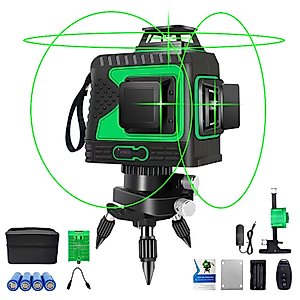 TAOVINA Laser Level Green Self Leveling 3 x 360° 30m Rotary Lasers with Magnetic Wall Bracket and Remote Control, 3D 12 Lines, Horizontal and 2 Vertical Lines(4pcs Battery)