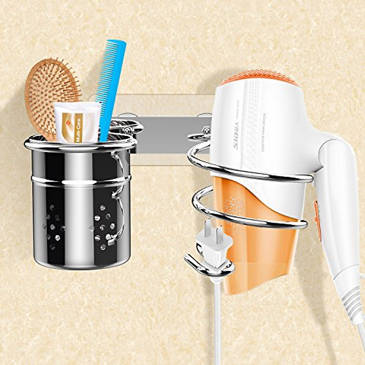 EINFAGOOD Hair Dryer Holder Wall Mount with Adhesive Pads, Bathroom Organizer Storage Cylindrical Cup, Stainless Steel Polished Finish (2. Hair Dryer Holder)