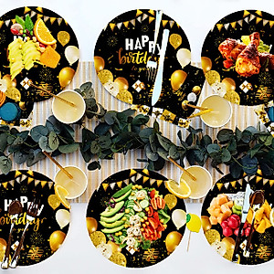 GOGUOGOFA 50 Pcs Black and Gold Birthday Party Supplies,Happy Birthday Party Plates 7" Black and Gold Plates,Cheer Birthday Plates,for 30th 40th 50th 60th 70th 80th Anniversary Birthday Party Decor
