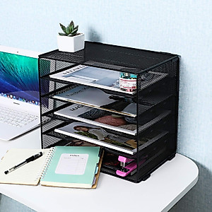 EasyPAG 5 Tier Mesh Desk File Organizer Office File Sorter Desk Trays Classroom Paper Organizer for Letter Legal File Holder Screwless Design,Black