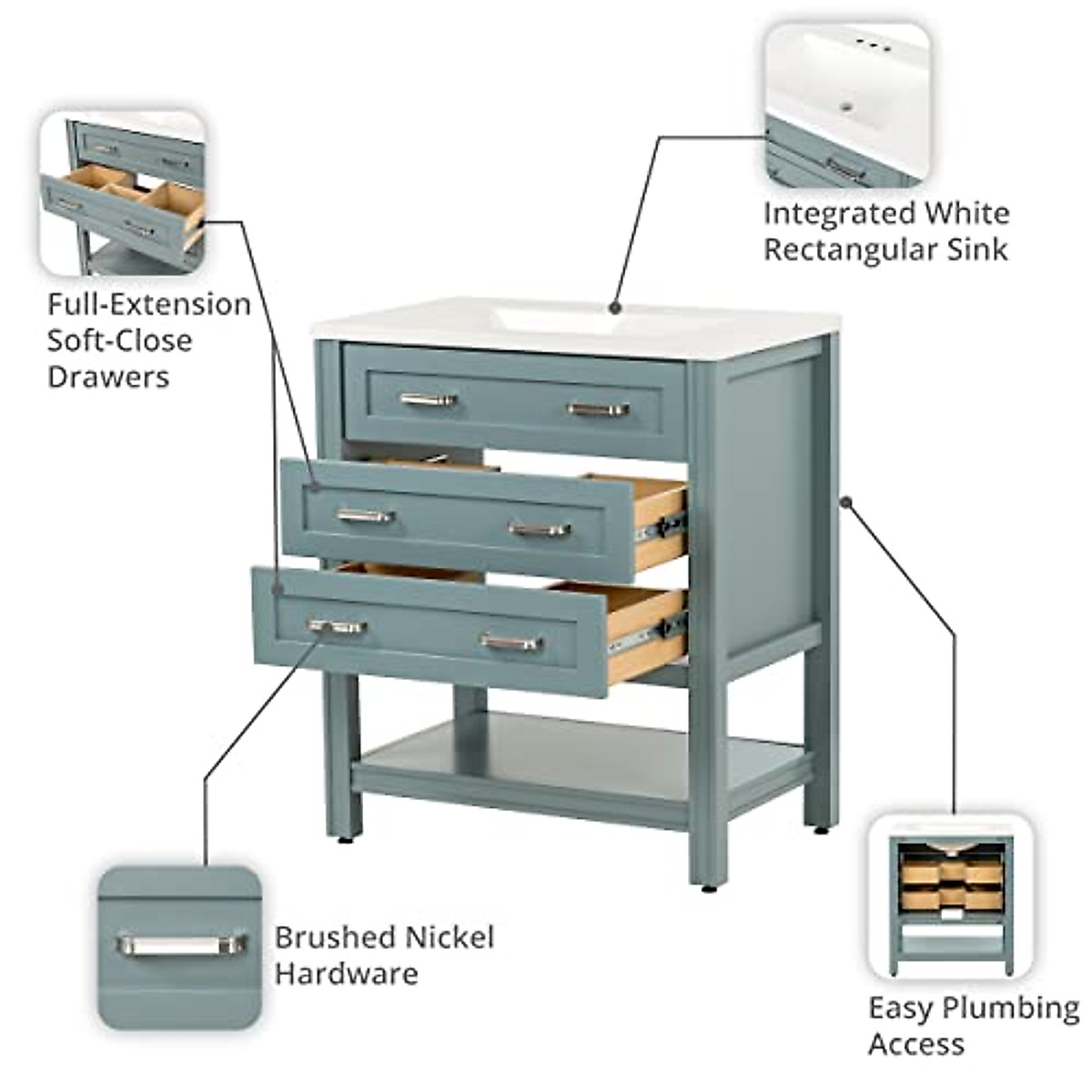 Spring Mill Cabinets Eaton Bathroom Vanity with 2 Drawers, Open Shelf, and White Sink Top, 30.25" W x 18.75" D x 35.41" H, Sage