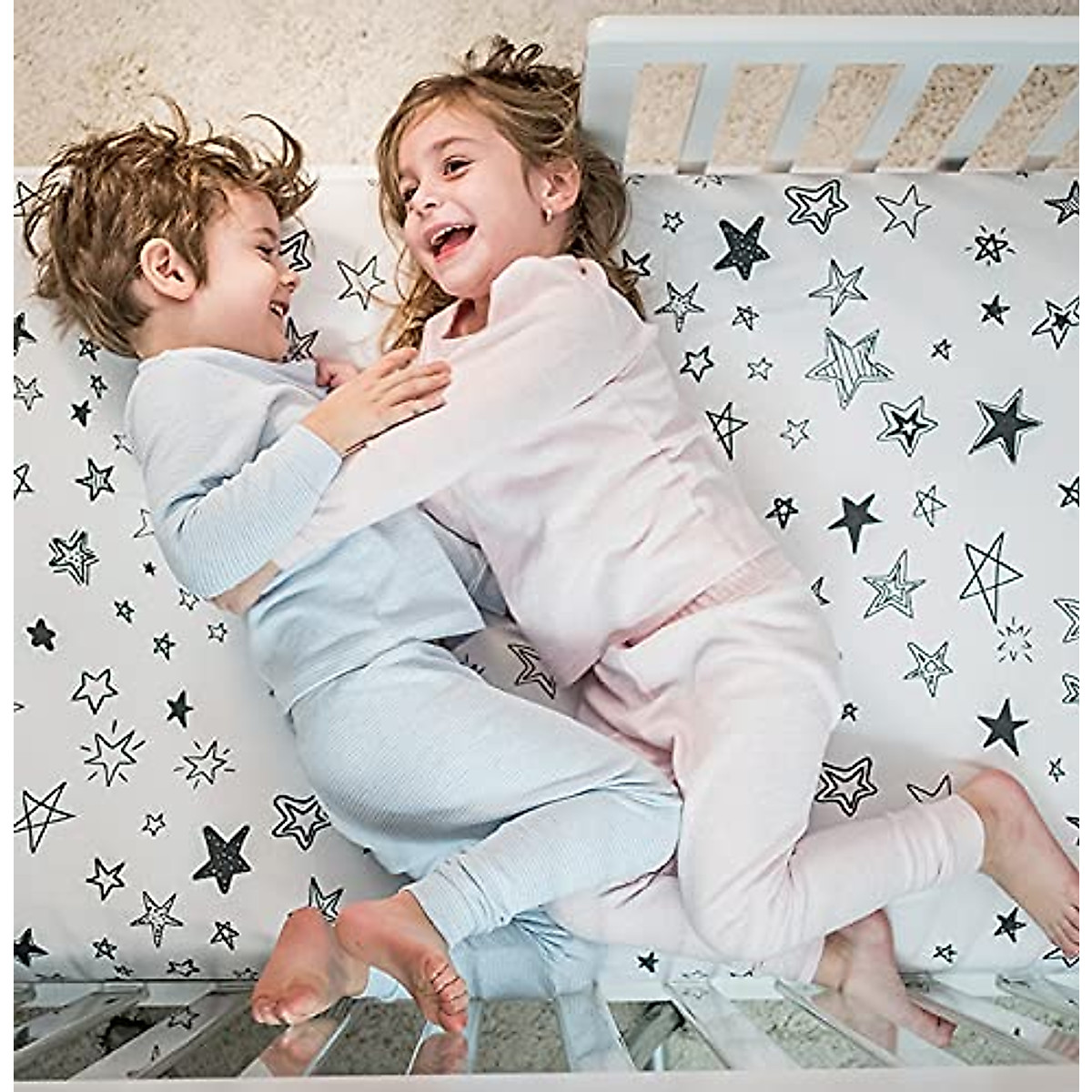 Norani Baby Crib Sheets | Fitted Mattress Cover for Toddler Bed with Full Elastic Trim & 8” Deep Pockets | Soft & Breathable Cotton | Infant & Nursery Bedding & Mattresses | Black and White Stars