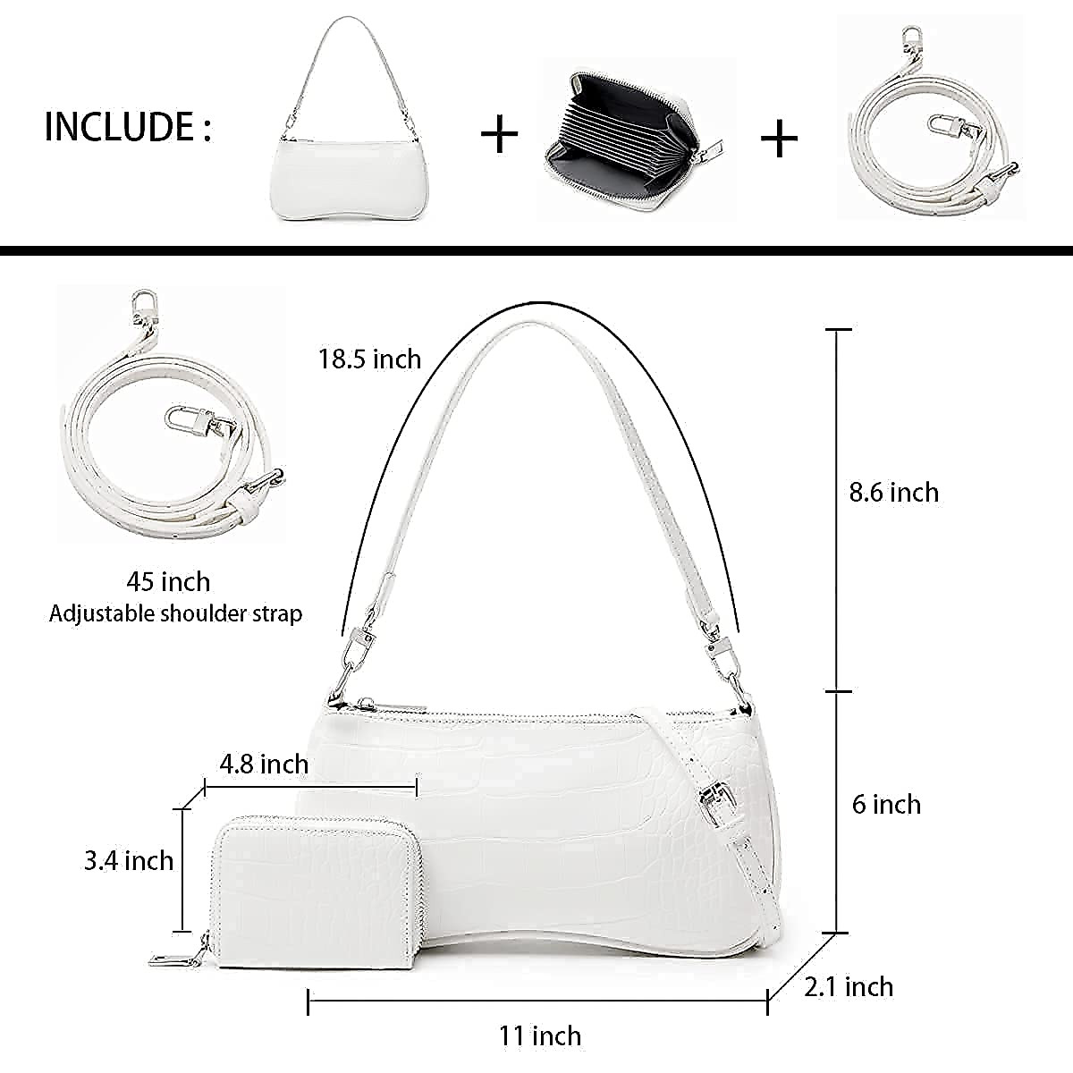 White Purse for Women 3pcs Set Small Shoulder Bag Mini Clutch Purses 90s Y2k Handbags