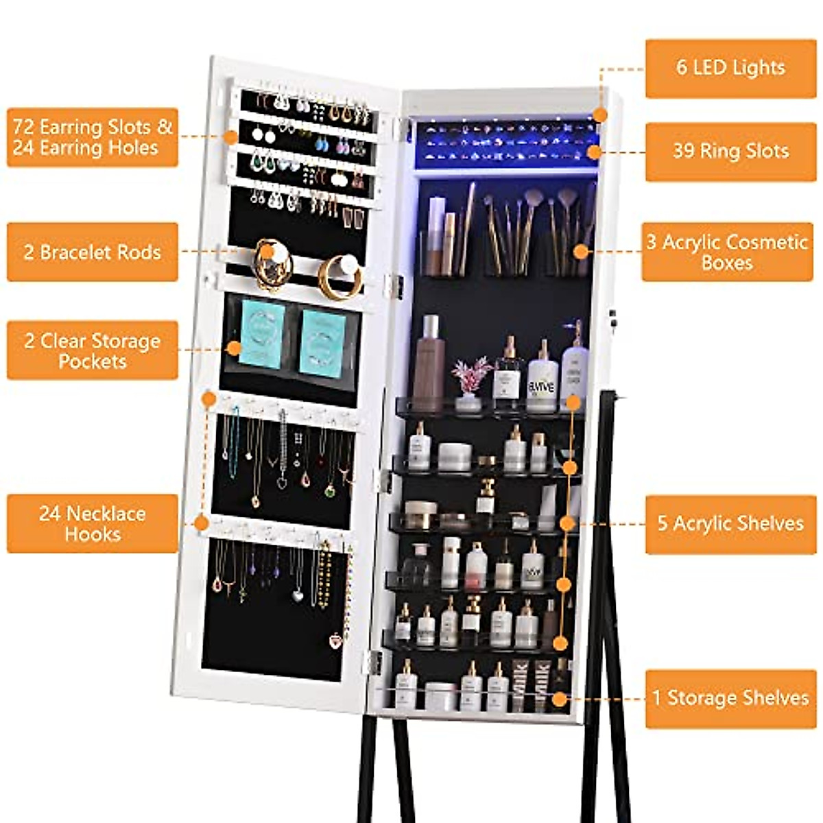 LVSOMT 6 LED Standing Jewelry Mirror Cabinet, Jewelry Armoire Storage Organizer, Full Length Mirror Floor Mirror with Jewelry Storage, Lockable Stand, Large Box, Iron Legs, Bottom Shelf, White