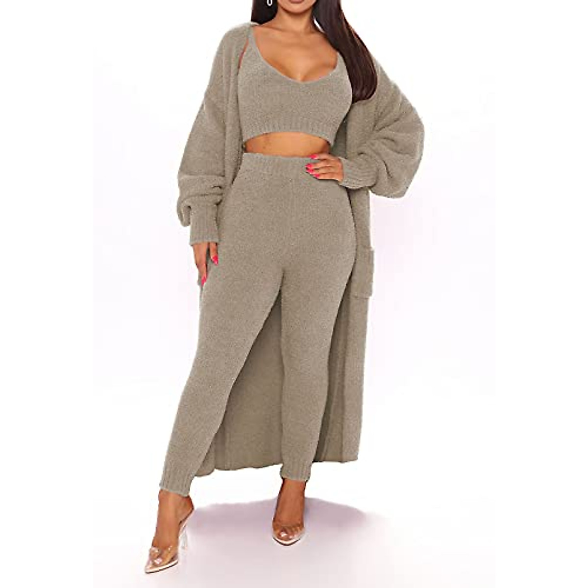 Fixmatti Fuzzy 3 Piece Legging Set for Women Open Front Cardigan Cropped Tops Long Pant Suit Khaki S