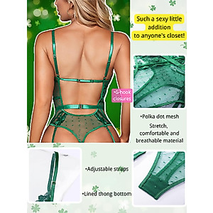 Kaei&Shi Bodysuit Lingerie for Women,Plunge Underwire Floral Lace Teddy Lingerie,Sexy Cutout Thong One Piece Body Suit with Garter St Patricks Dark Green Medium