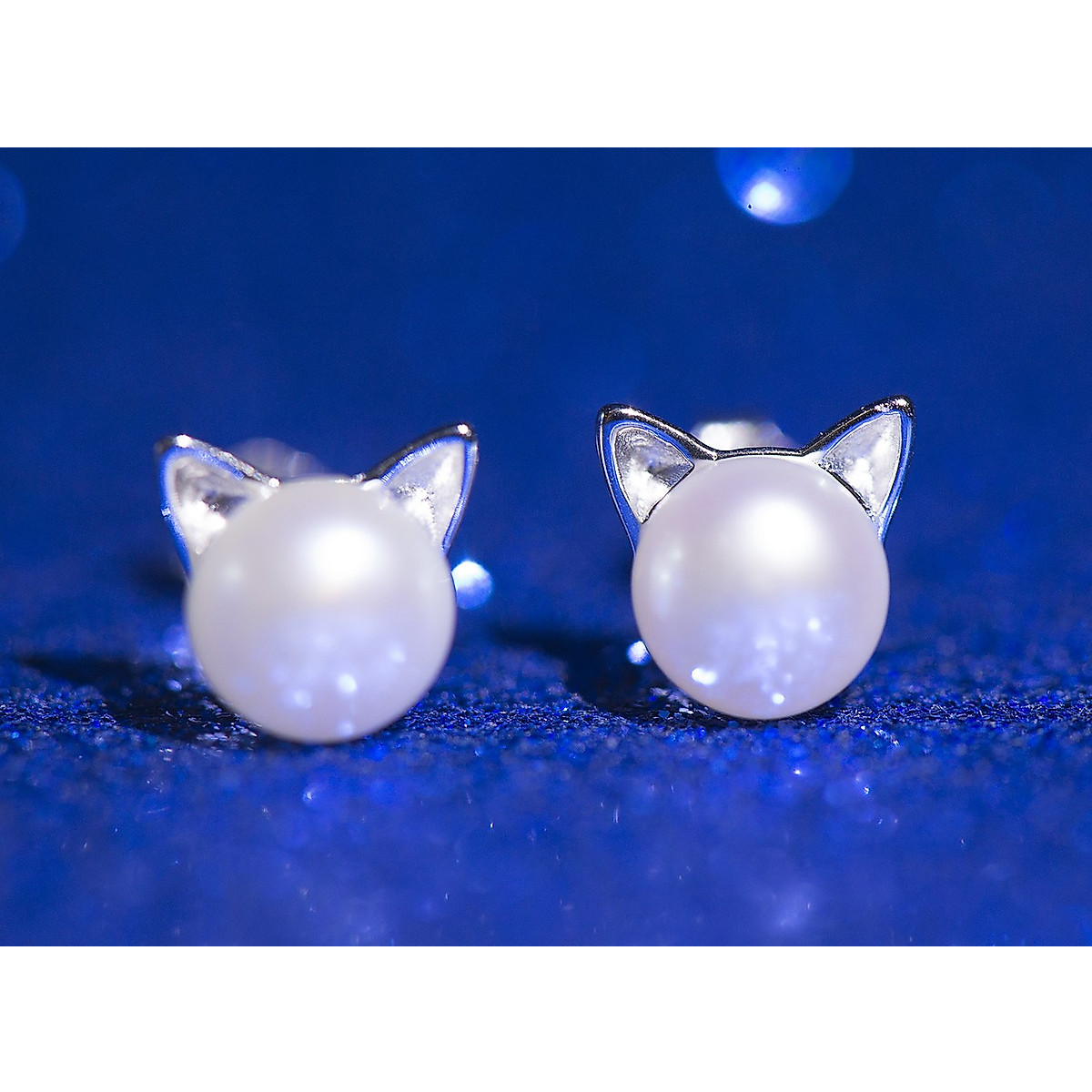 Wicary Cat Ear Earrings Sterling Silver Cultured Freshwater Pearl Stud Earrings