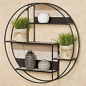 Touch of Class Delray Urban Floating Circle Wall Shelf - Black - Metal Framework - Decorative Shelving Decor for Bedroom, Living Room - Wooden Plank Accent - Round Openwork Display Area