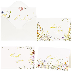 Crisky 4 Assorted Gold Foil Thank You Cards, Watercolor WildFlowers (50 Cards with Envelopes for Birthday, Baby Shower, Bridal Shower, Wedding, All Occasion)