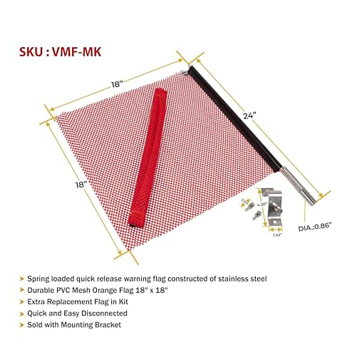 Mytee Products EZ Mount Warning Flag Red 18" x 18" Mesh Safety Flag DOT Compliant | Spring Loaded Quick n Easy Disconnect - 2 Pack