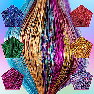 UPTOUP 46 inch Hair Tinsel Kit with Tools 12 Colors 2000 Strands Glitter Sparkling Shiny Hair Extensions Silk Fairy (12 colors)