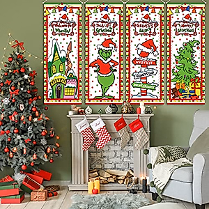 Grinch Christmas Decorations 4PCS Welcome To Whoville Vinyl Poster Door Covers Backdrop Merry Grinchmas Wall Art Hanging Banner for New Year Indoor Outside Garage Door