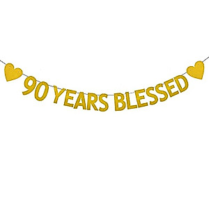 XIAOLUOLY Gold 90 YEARS BLESSED Glitter Banner,Pre-Strung,90th Birthday / Wedding Anniversary Party Decorations Bunting Sign Backdrops,90 YEARS BLESSED