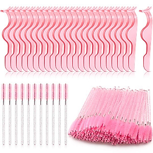 24 Pieces Plastic Eyelash Extension Tweezers False Eyelash Applicator Tool Eyelash Auxiliary Clip and 100 Pieces Eyelash Brush Mascara Wands Applicator for Eyelash Application (Pink)