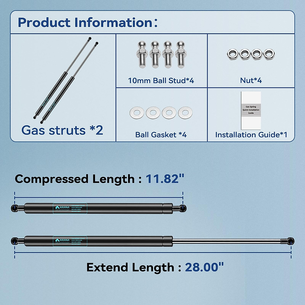 ARANA Gas Struts 28 inch 200 Pound with 10MM Ball Studs, 28" Gas Spring Shocks Lift Supports for Heavy Duty Lid Snowmobile Trailer Tonneau Cover Trap Door Custom Wooden Lid(Fit 180-220lbs Lid), 2Pcs