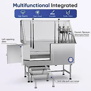 Flying Pig 50" Stainless Steel Pet Dog Grooming Bath Tub with Walk-in Ramp & Accessories (Left Door/Right Drain)